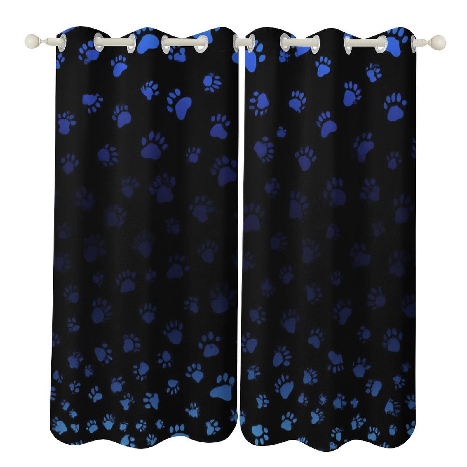 Blue Paw Prints on Black Background Luxury Window Curtains Blinds for ...