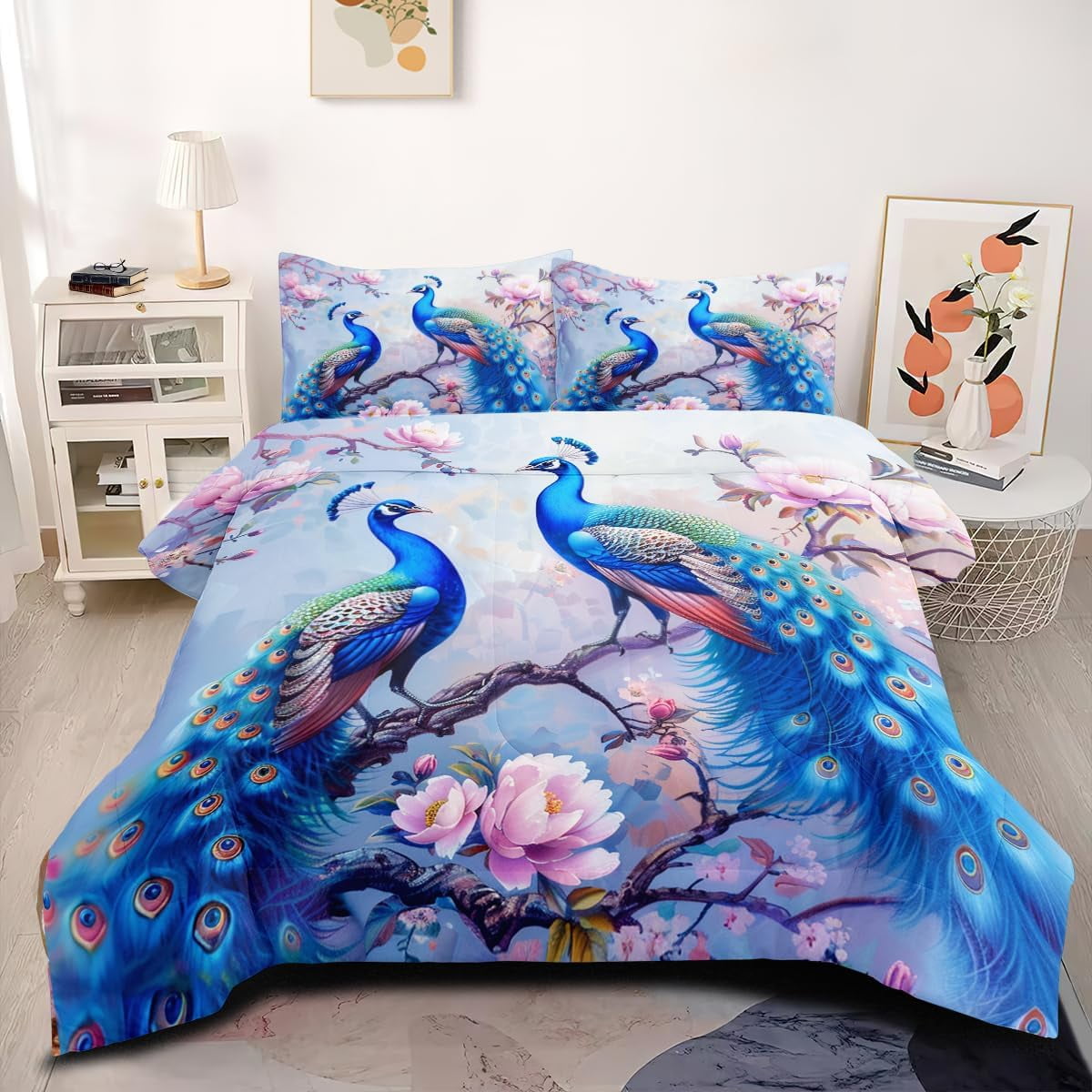 Blue Peacock Bird Comforter Set Queen Size Elegant Gorgeous Feather ...