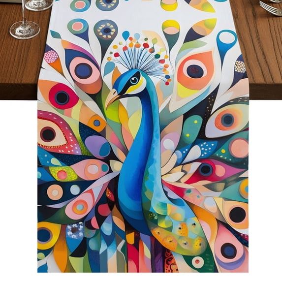 Blue Peacock Burlap Cotton Table Runner 16x72 Inches Long, Modern Chic ...