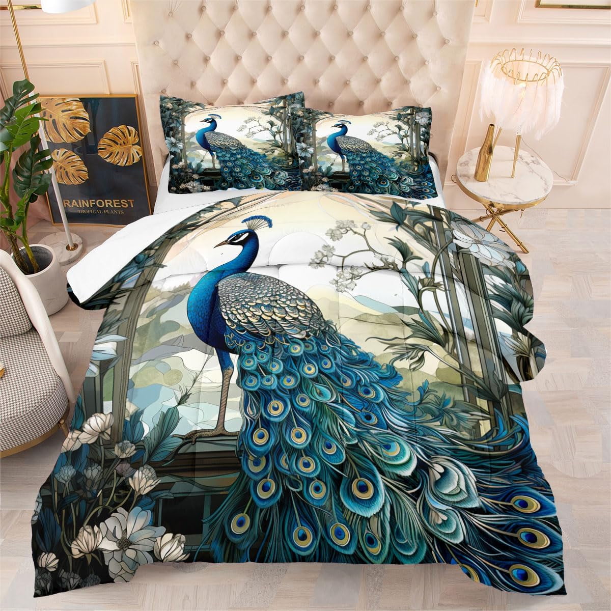 Blue Peacock Comforter Set Queen Size Bird and Floral Bedding Set ...