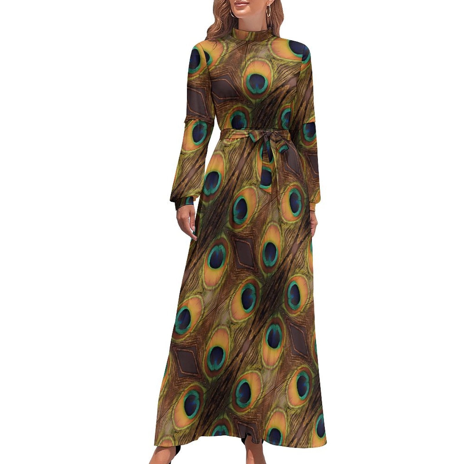 Blue Peacock Feather Dress Animal Print Elegant Graphic Maxi Dress High ...