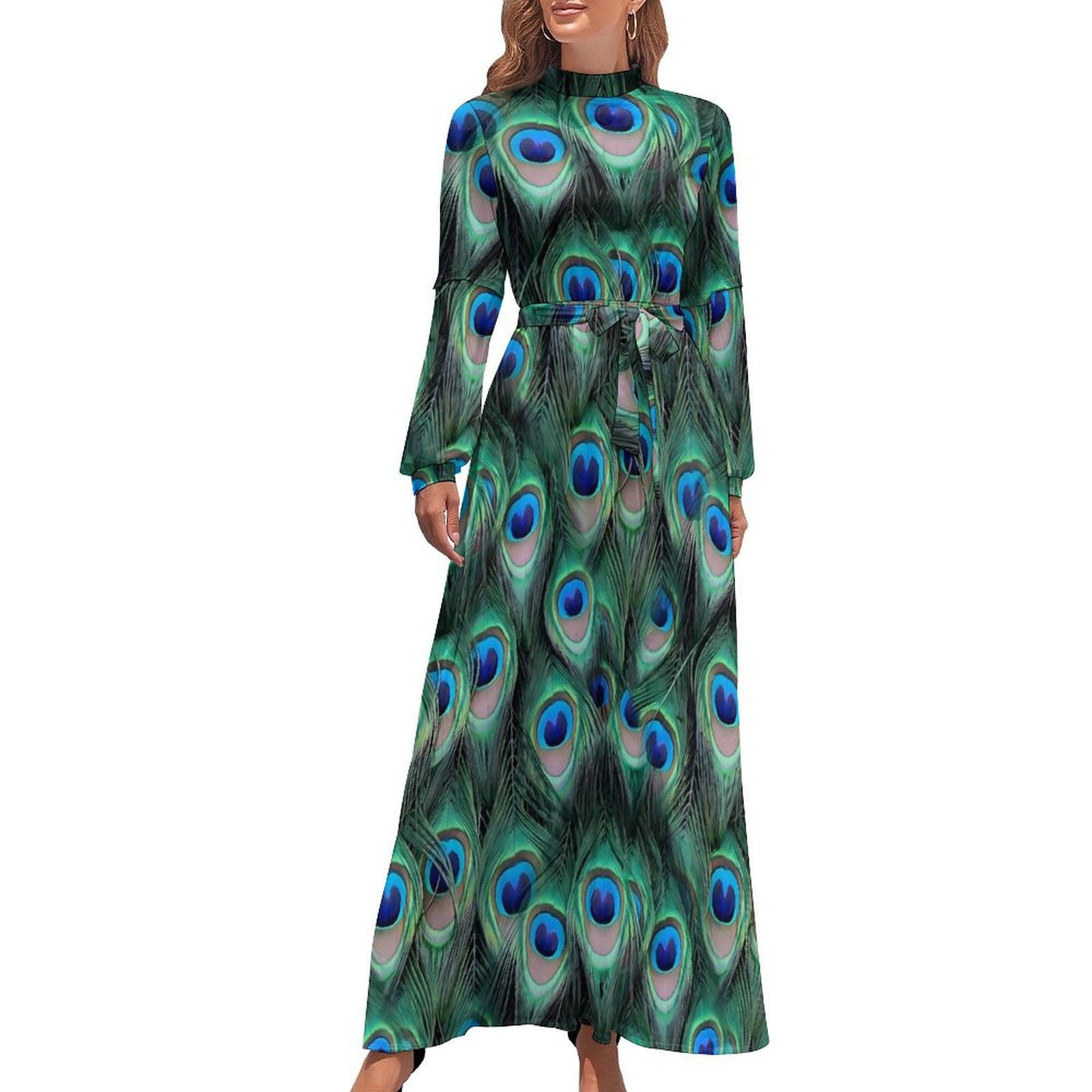 Blue Peacock Feather Dress Animal Print Elegant Graphic Maxi Dress High ...