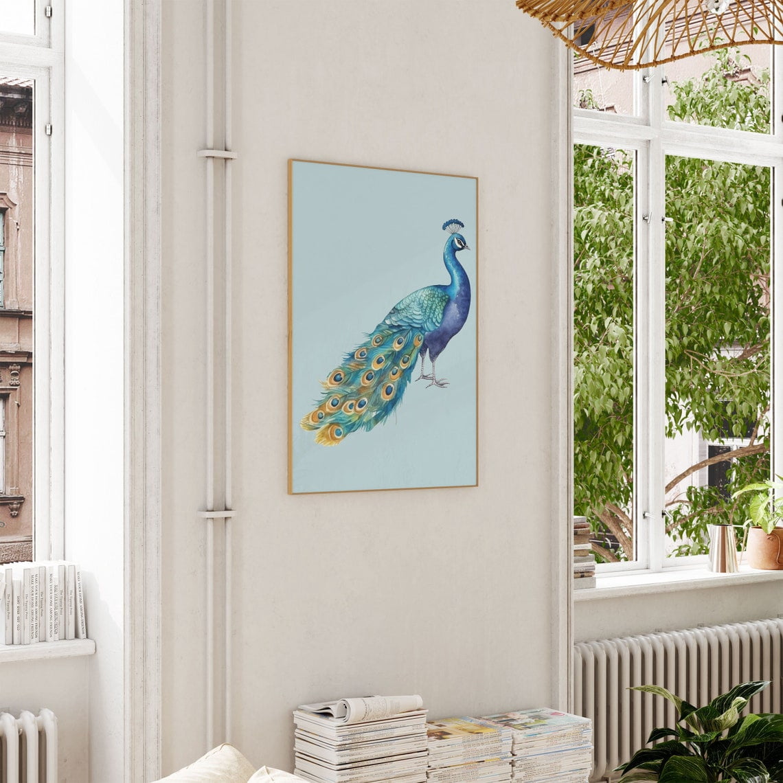 Blue Peacock Illustration Mid Century Modern Boho Wall Art, Unframed ...