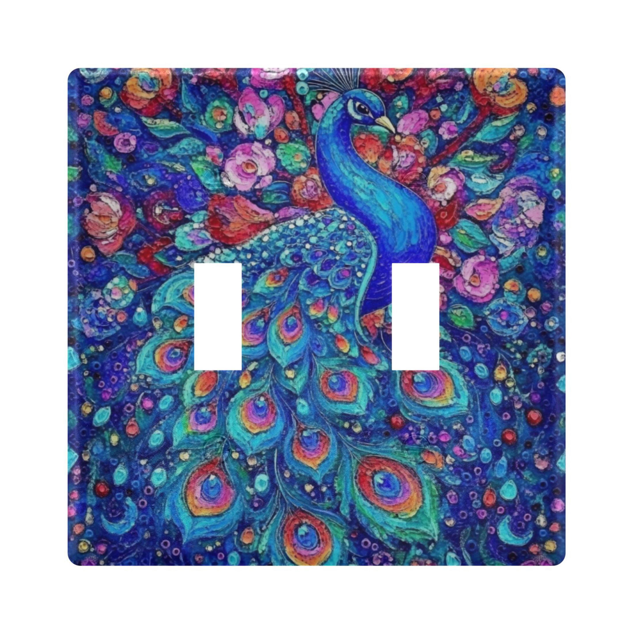 Blue Peacock Light Switch Cover Decorative 2 Gang Wall Plate Toggle ...