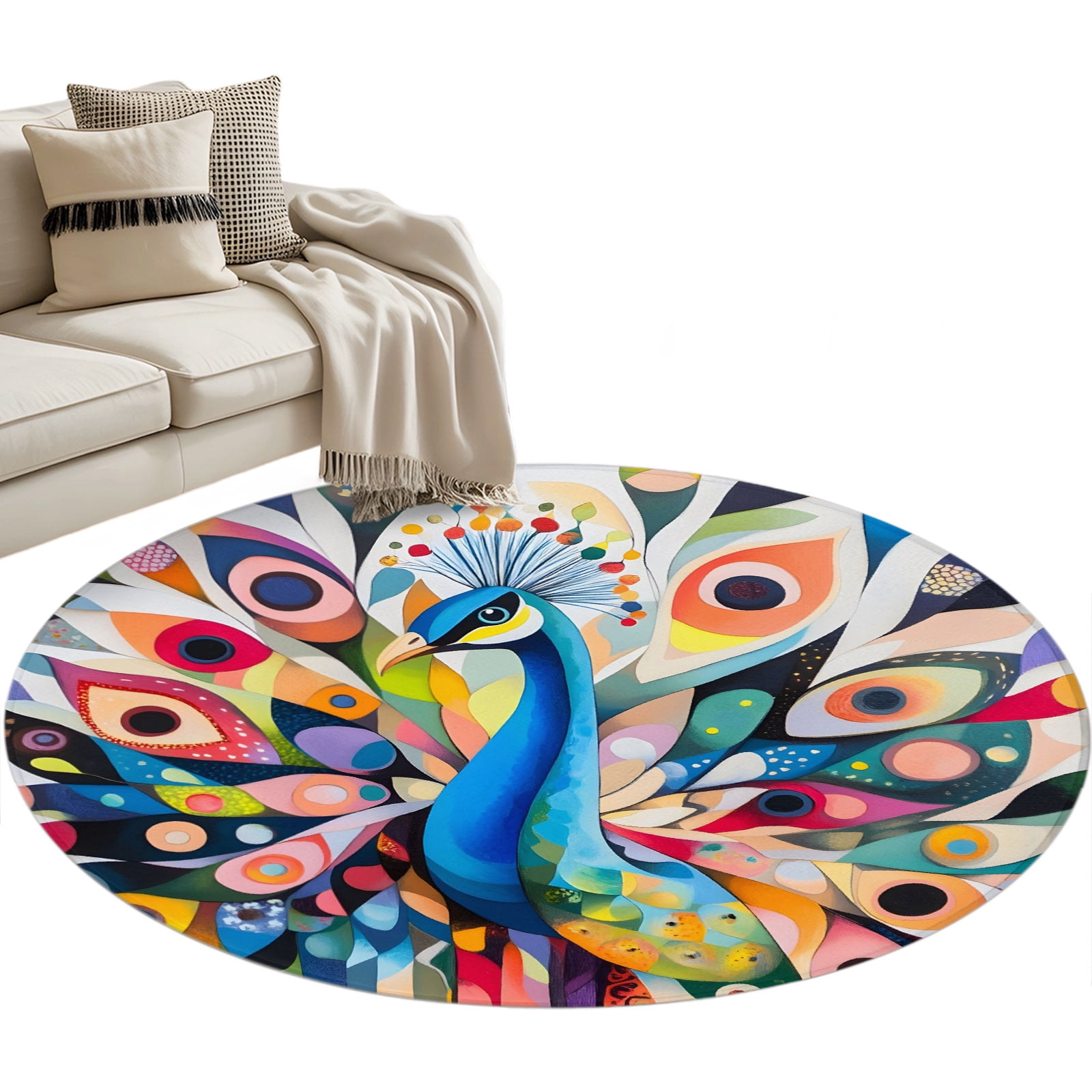 Blue Peacock Round Rug 3ft Washable Circle Entryway Rugs Non Slip ...