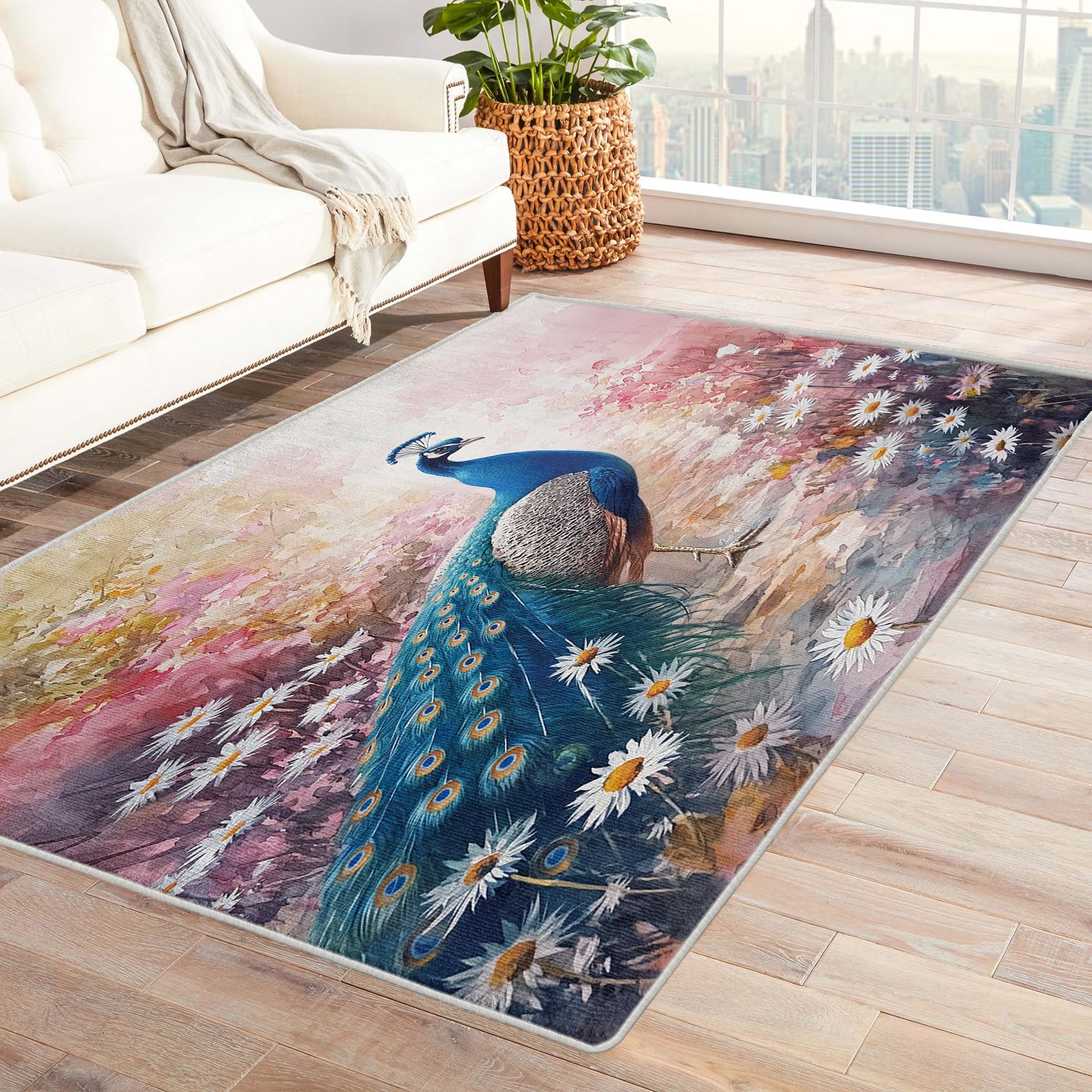 Blue Peacock Rug For Living Room, Daisy Flowers Area Rugs For Bedroom ...
