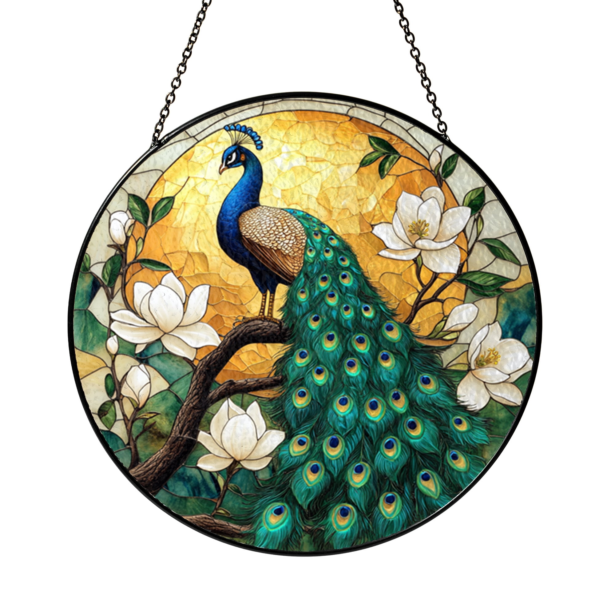 Blue Peacock Window Hanging Suncatcher, Faux Stained Glass Bird Art ...