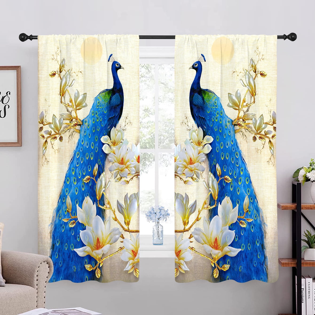 Blue Peacock With Flower Peafowl Window Curtains for Living Room Luxury ...