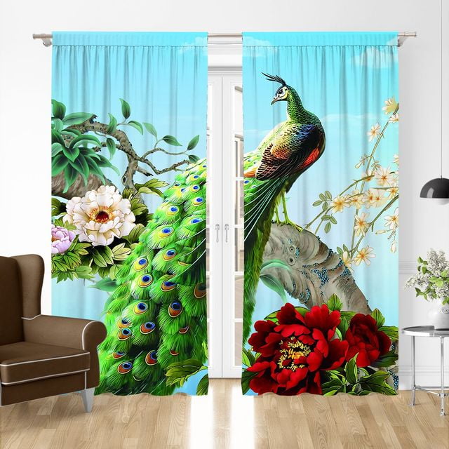 Blue Peacock With Flower Peafowl Window Curtains for Living Room Luxury ...