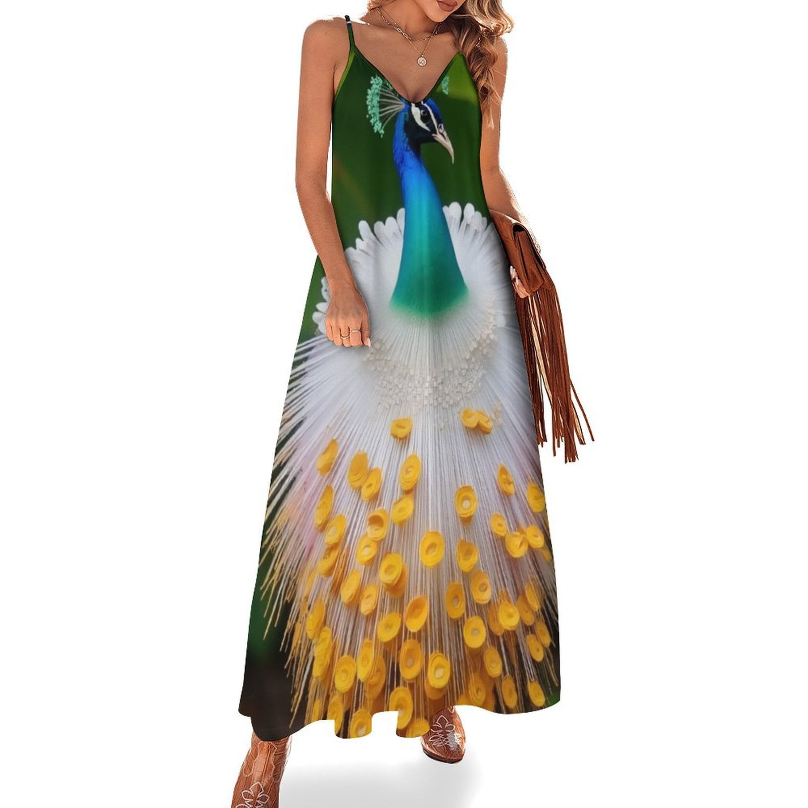 Blue Peacock with Yellow Eye Spots Fine Art Sleeveless Dress Summer ...