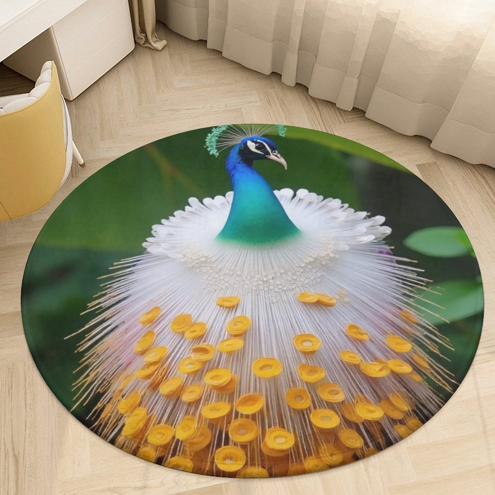 Blue Peacock with Yellow Eye Spots Round Area Rugs for Bedroom Living ...