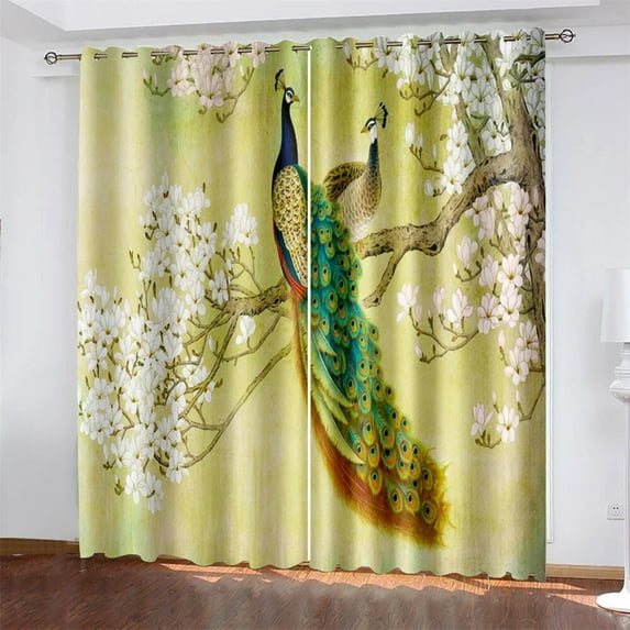 Blue Peacocks Feather Window Curtain Creative White Flowers Butterfly ...