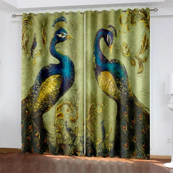Blue Peacocks Feather Window Curtain Creative White Flowers Butterfly ...