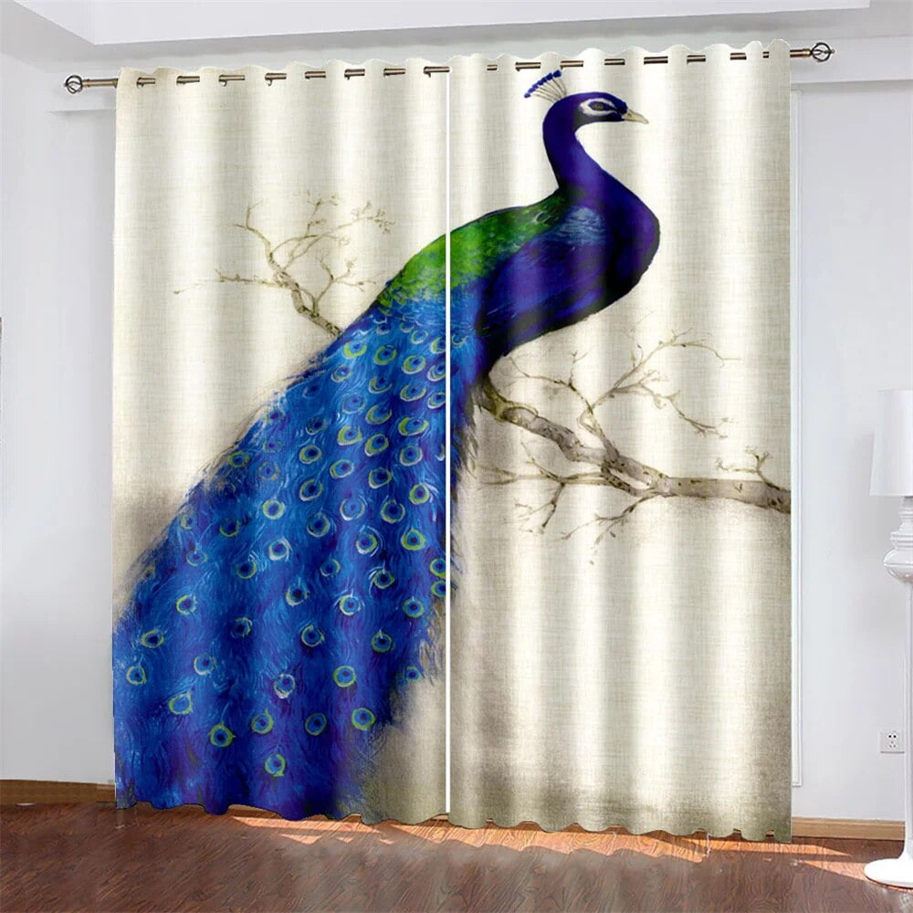 Blue Peacocks Feather Window Curtain Creative White Flowers Butterfly Chinese Style Art Print ...