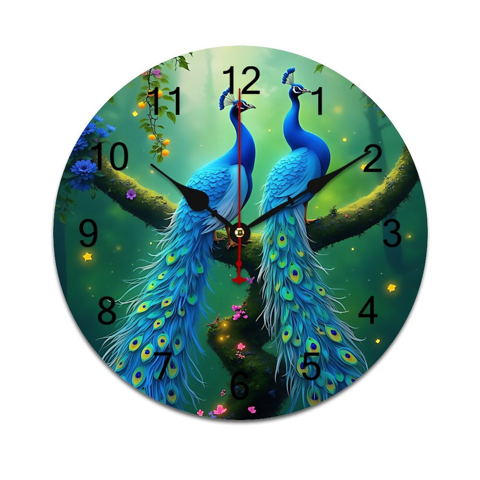 Blue Peacocks with Flowers And Butterflies Bedroom Wall Clock Large ...