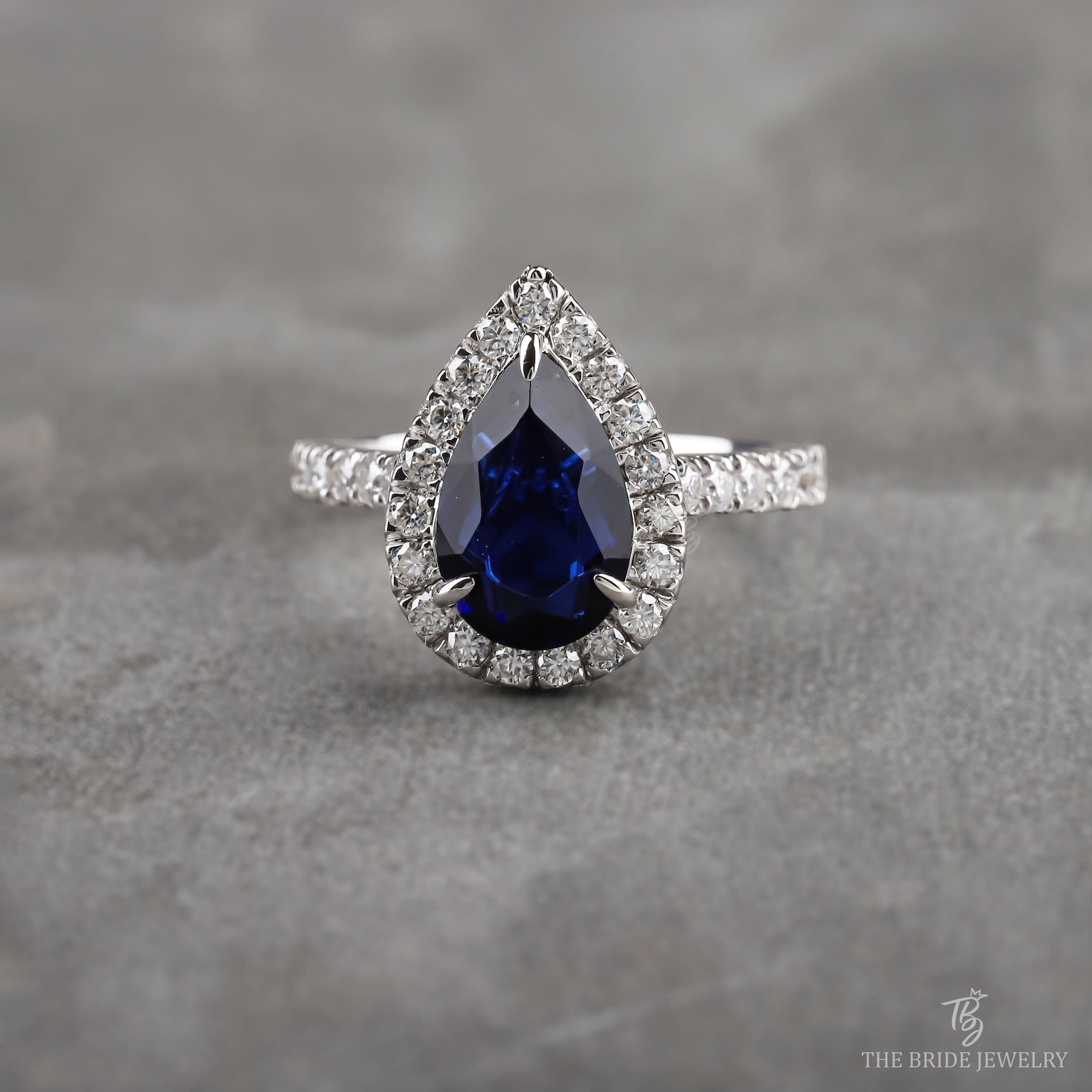 Blue Pear Sapphire Moissanite Halo Engagement Ring September Birthstone ...