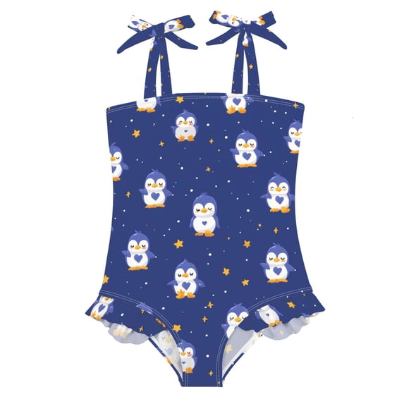 Blue Penguin Pattern Girls' One-Piece Swimsuit Bowknot Tie Shoulder ...