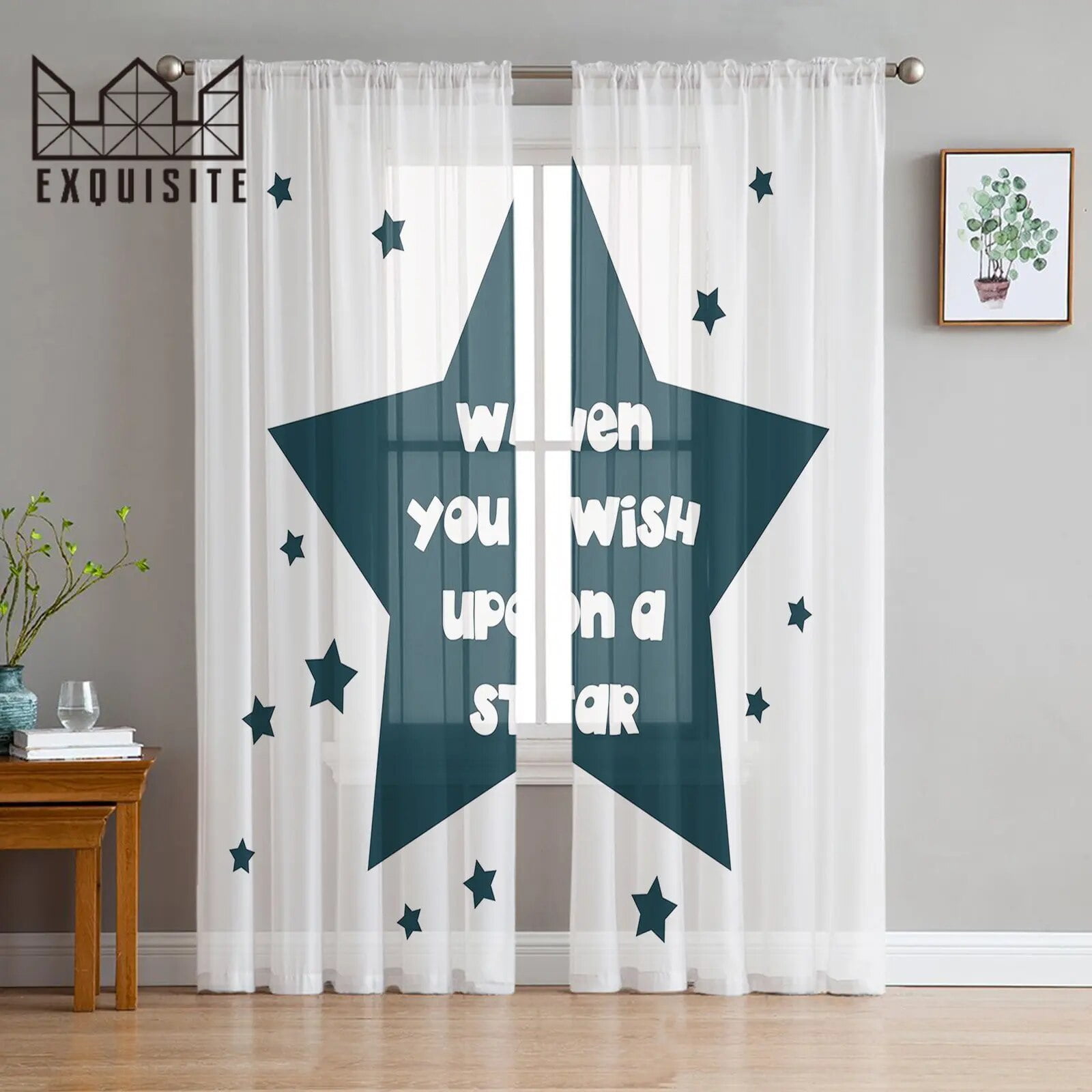 Blue Pentagram Letter White Tulle Curtain for Living Room Bedroom for ...