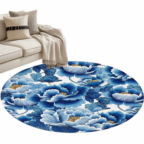 Blue Peonies Round Rug 3.3ft Washable Circle Entryway Rugs Non Slip ...