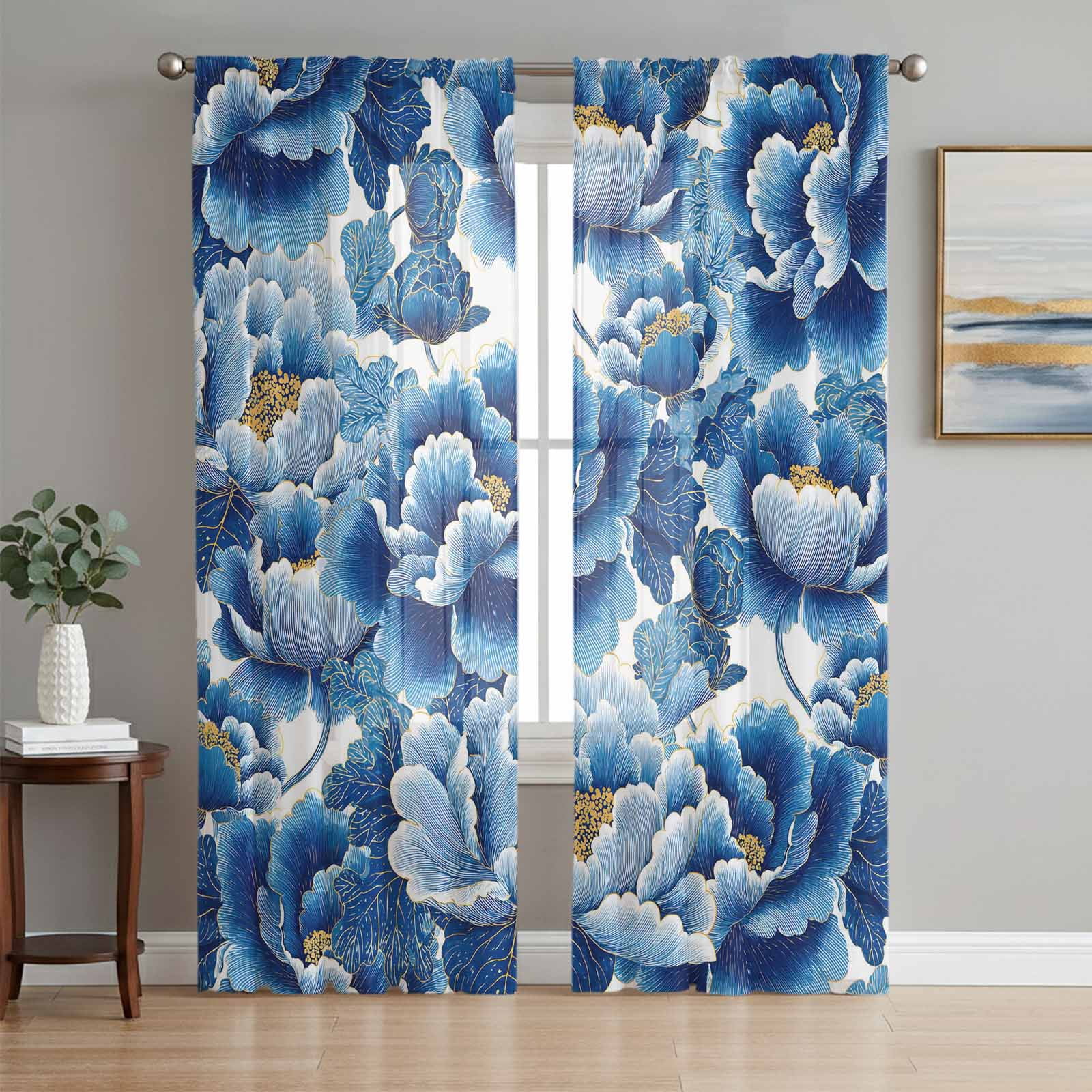 Blue Peonies Sheer Curtains for Living Room Bedroom Retro Flowers ...