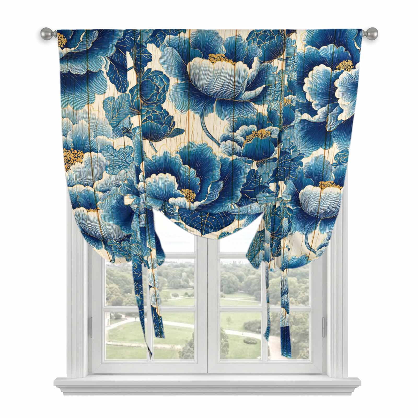 Blue Peonies Tie Up Curtains for Window, Thermal Insulated Balloon ...