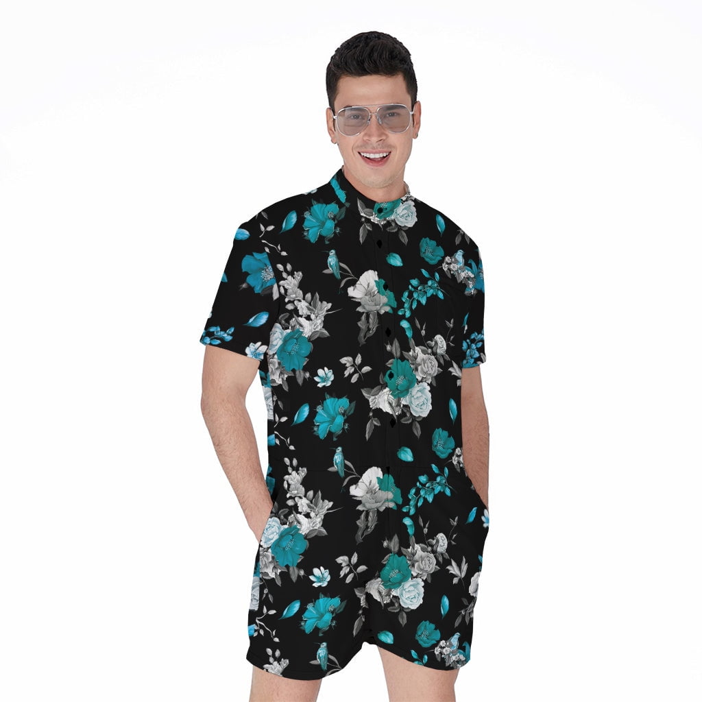 Blue Peony And Grey Rose Floral Short Sleeve Men'S Rompers, Flower ...