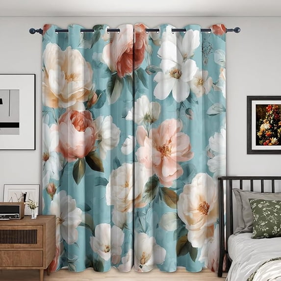 Blue Peony Curtains for Bedroom, Rustic Flower Blackout Curtains for ...