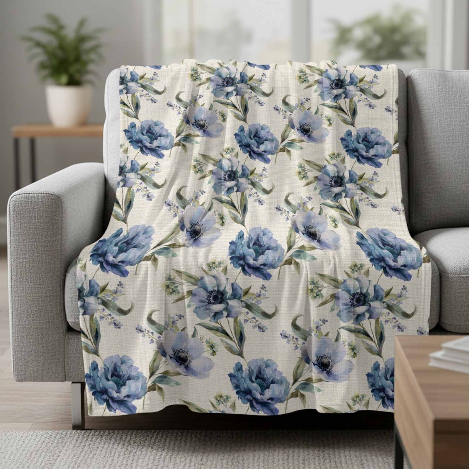 Blue Peony Fleece Throw Blanket Watercolor Ombre Flowers Petal Leaf ...