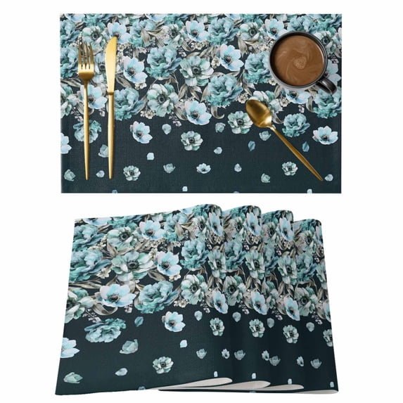 Blue Peony Floral Cotton Linen Placemats Set of 1, Retro Blue Gradient ...