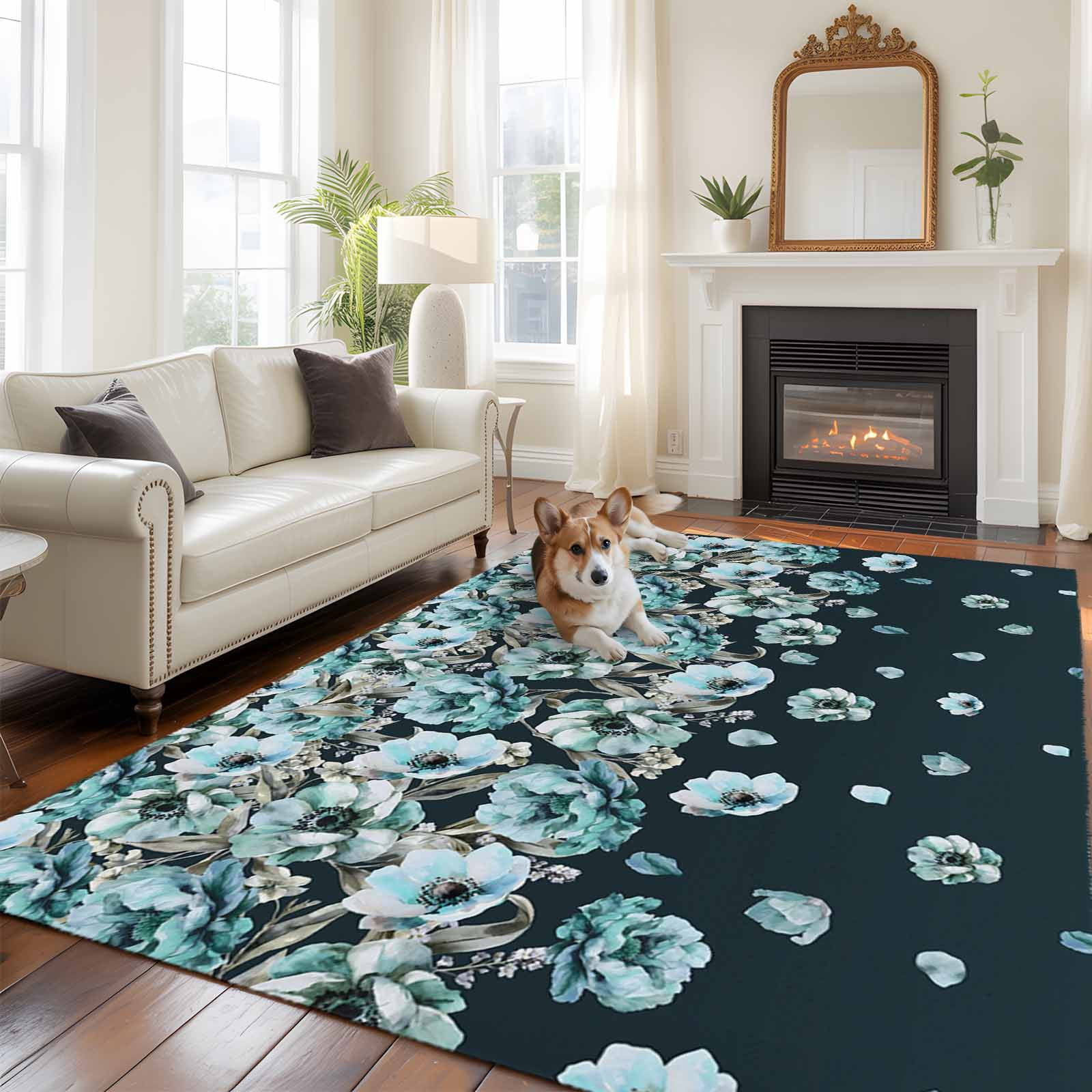 Blue Peony Floral Large Area Rugs 5x8 ft Retro Blue Gradient Flowers ...