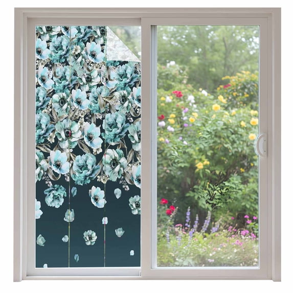 Blue Peony Floral Window Privacy Film, Retro Blue Gradient Flowers Leaf ...
