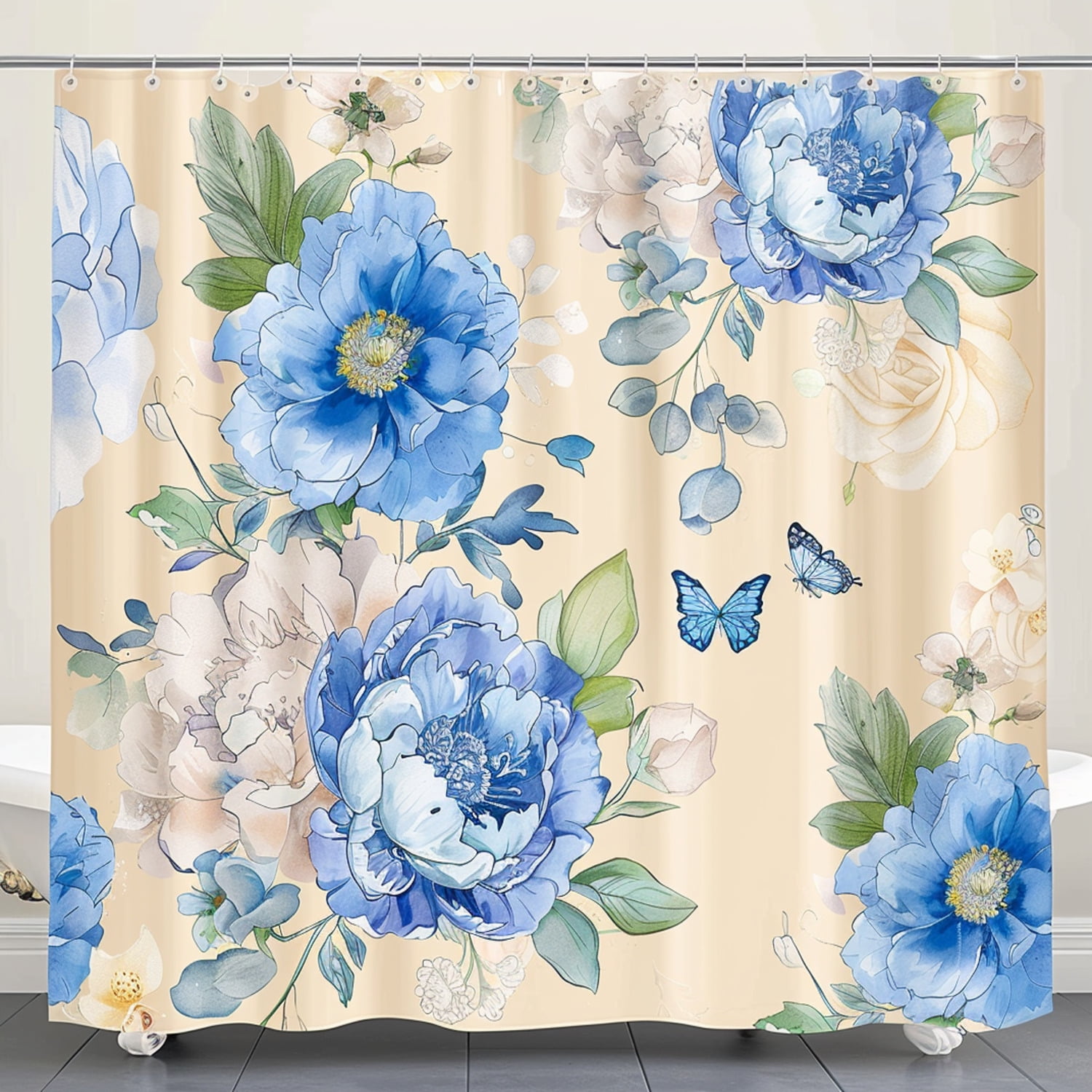 Blue Peony Flowers And Butterflies Shower Curtain Vintage Retro Floral