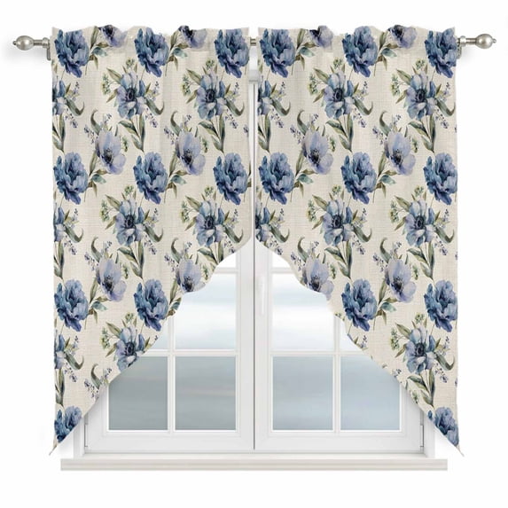 Blue Peony Swag Curtain Valance for Window 2 Panels Watercolor Ombre ...