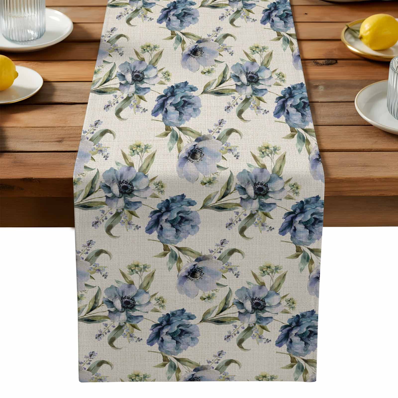 Blue Peony Table Runner, Watercolor Ombre Flowers Petal Leaf Beige Linen Washable Kitchen Table ...