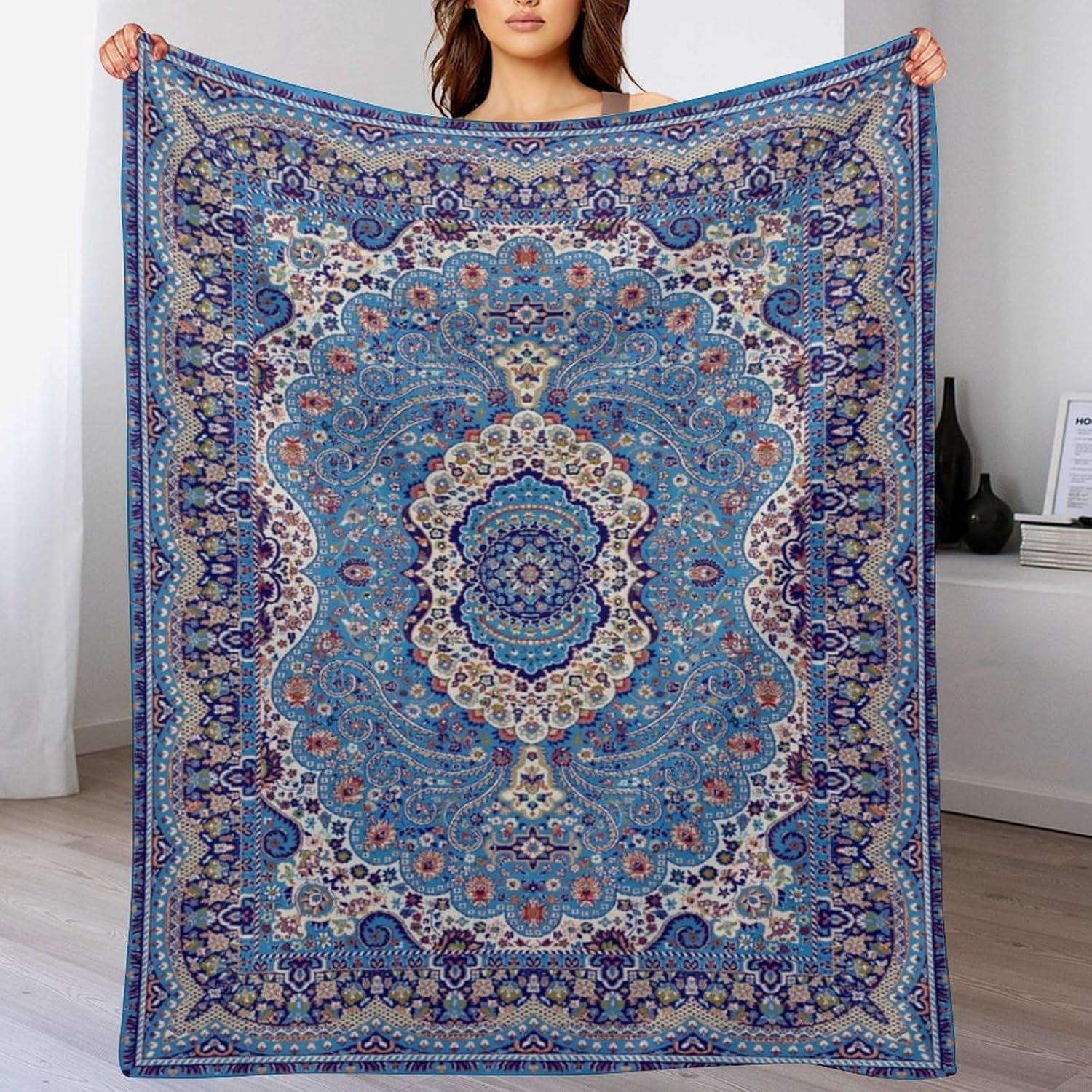 Blue Persian Flannel Throw Blanket Vintage Traditional Floral Mandala ...
