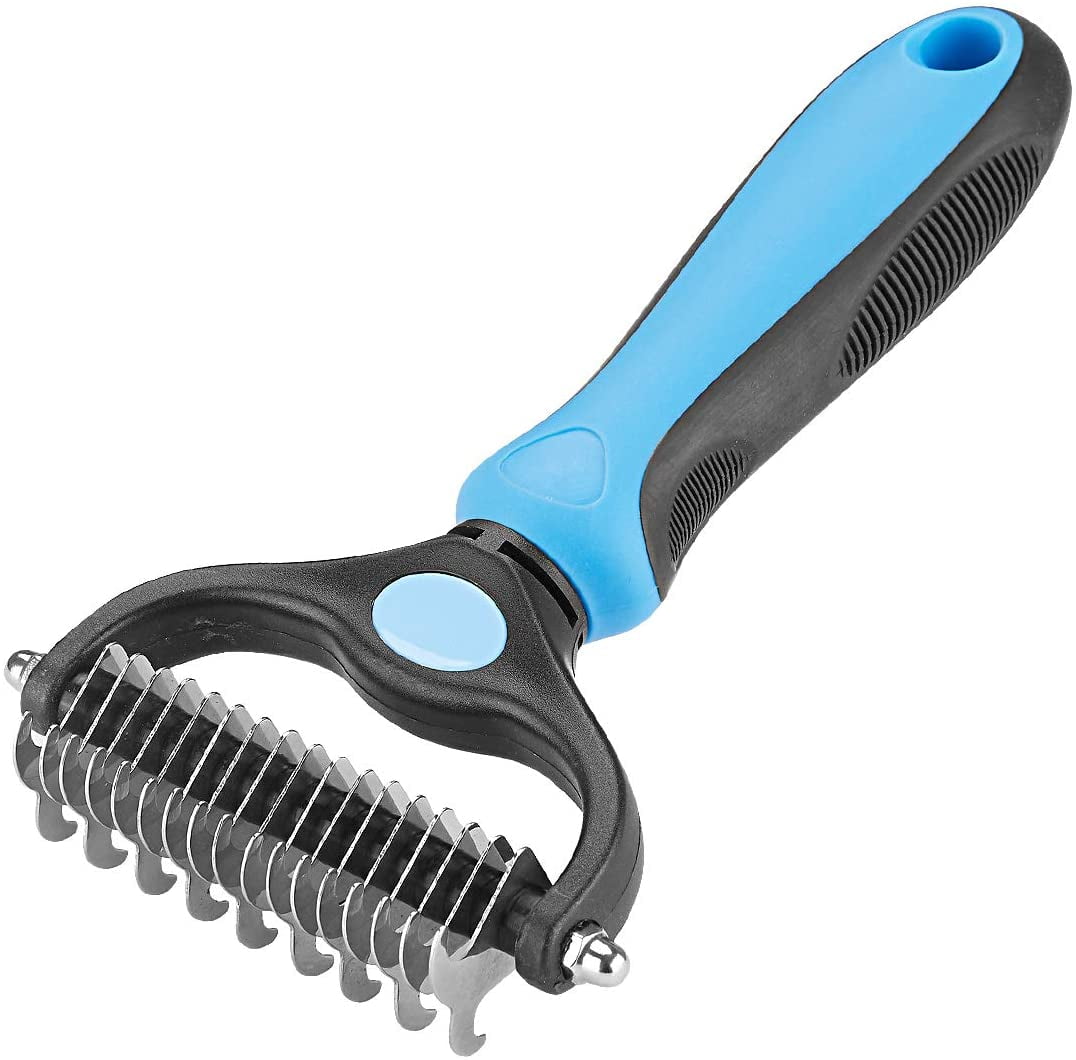 Blue Pet Grooming Tool - 2 Sided Undercoat Rake for Cats and Dogs ...