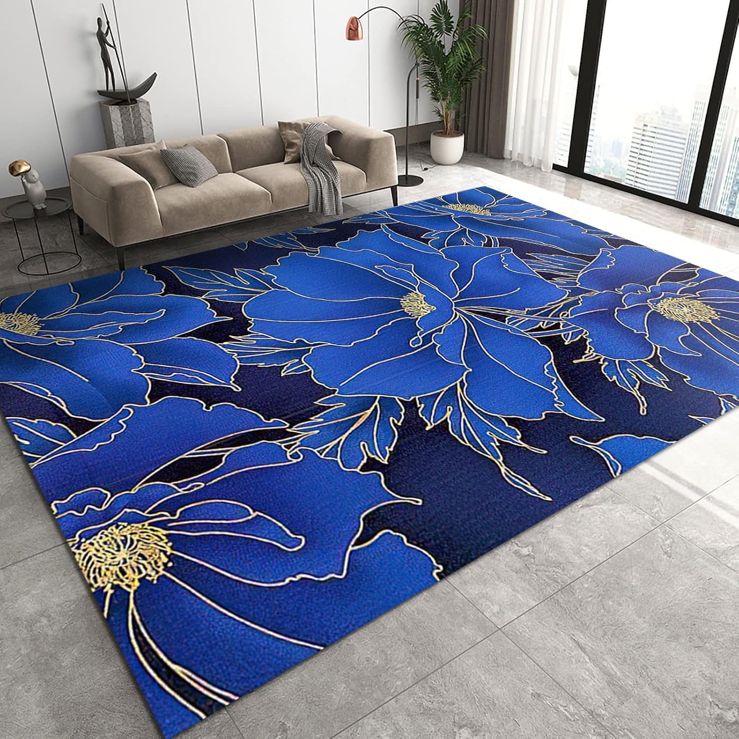 Blue Petal Flower Area Rugs, Modern Living Room Area Carpet, Large Area ...