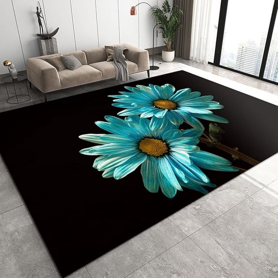 Blue Petals Chamomile Area Rug, Black Background Living Room Rugs ...