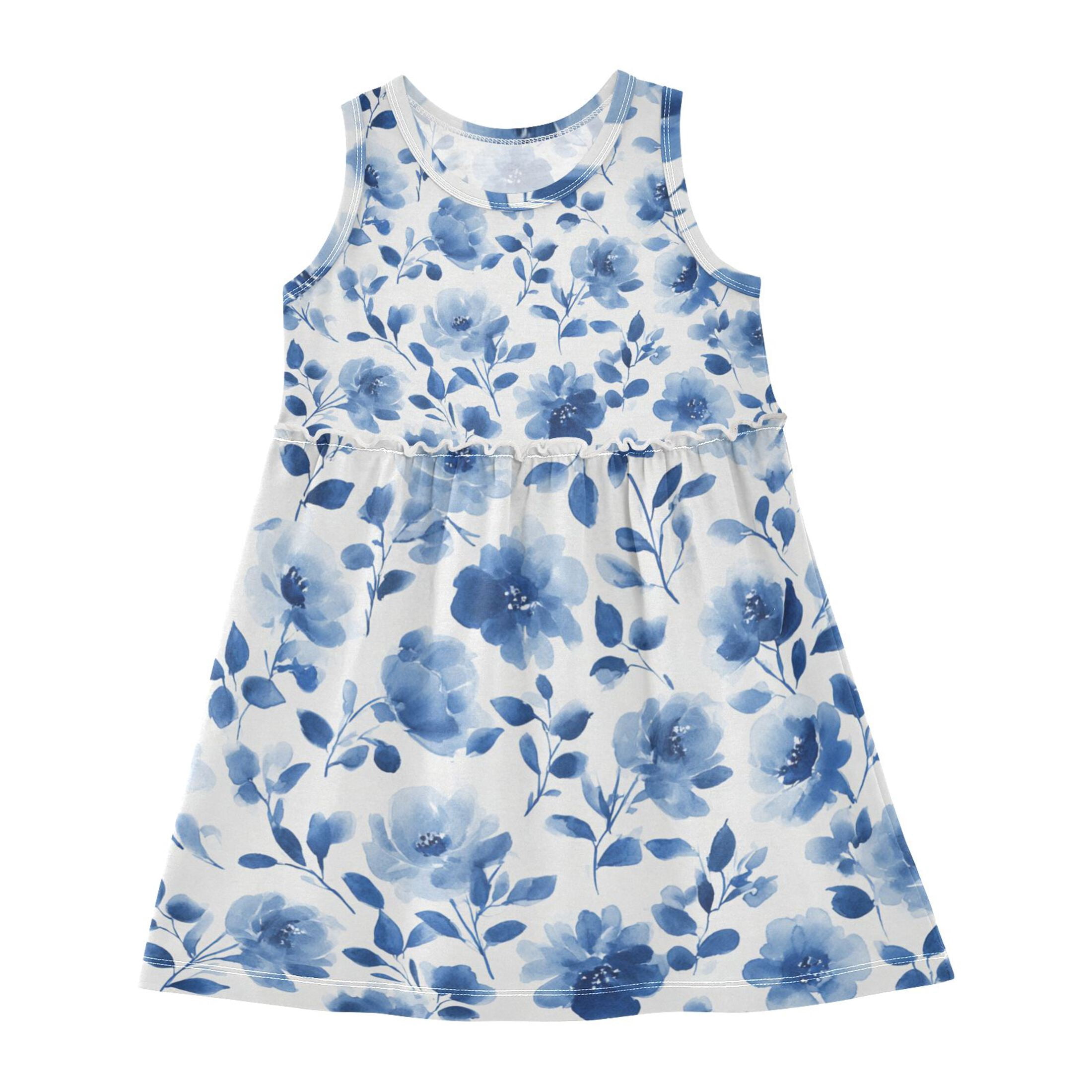 Blue Petals Leaves Elegant Syle Sleeveless Dress A-Line One-Piece Dress ...