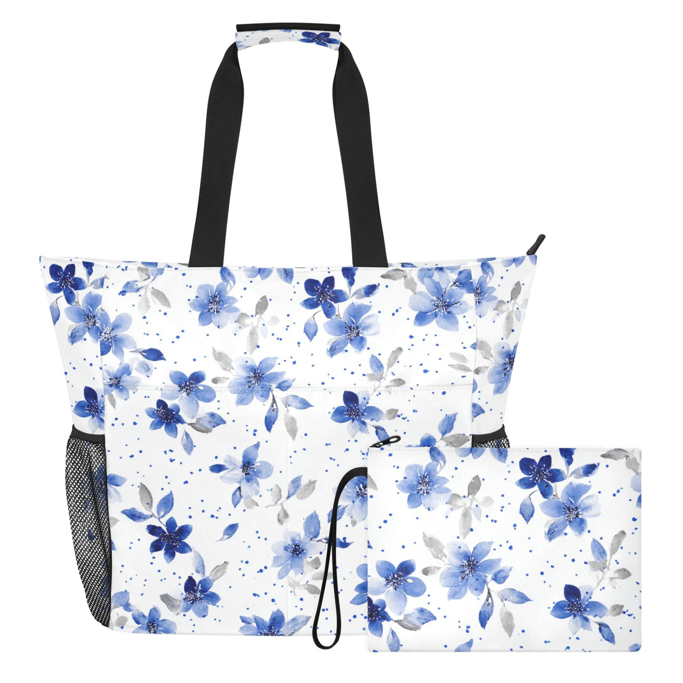 Blue Petals Watercolor Beach Bag Travel Tote Bag Reusable Shopping Bag ...