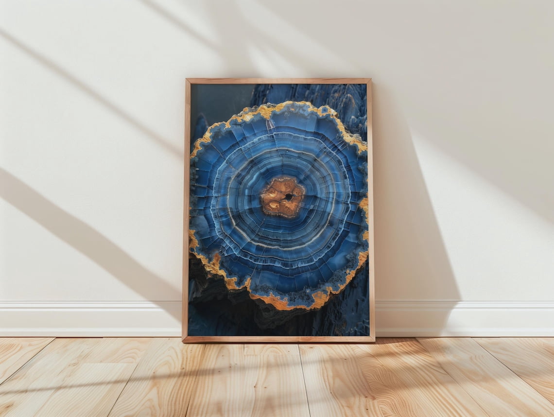 Blue Petrified Wood Navy Gold Tree Ring Coastal Modern Nature Slice ...