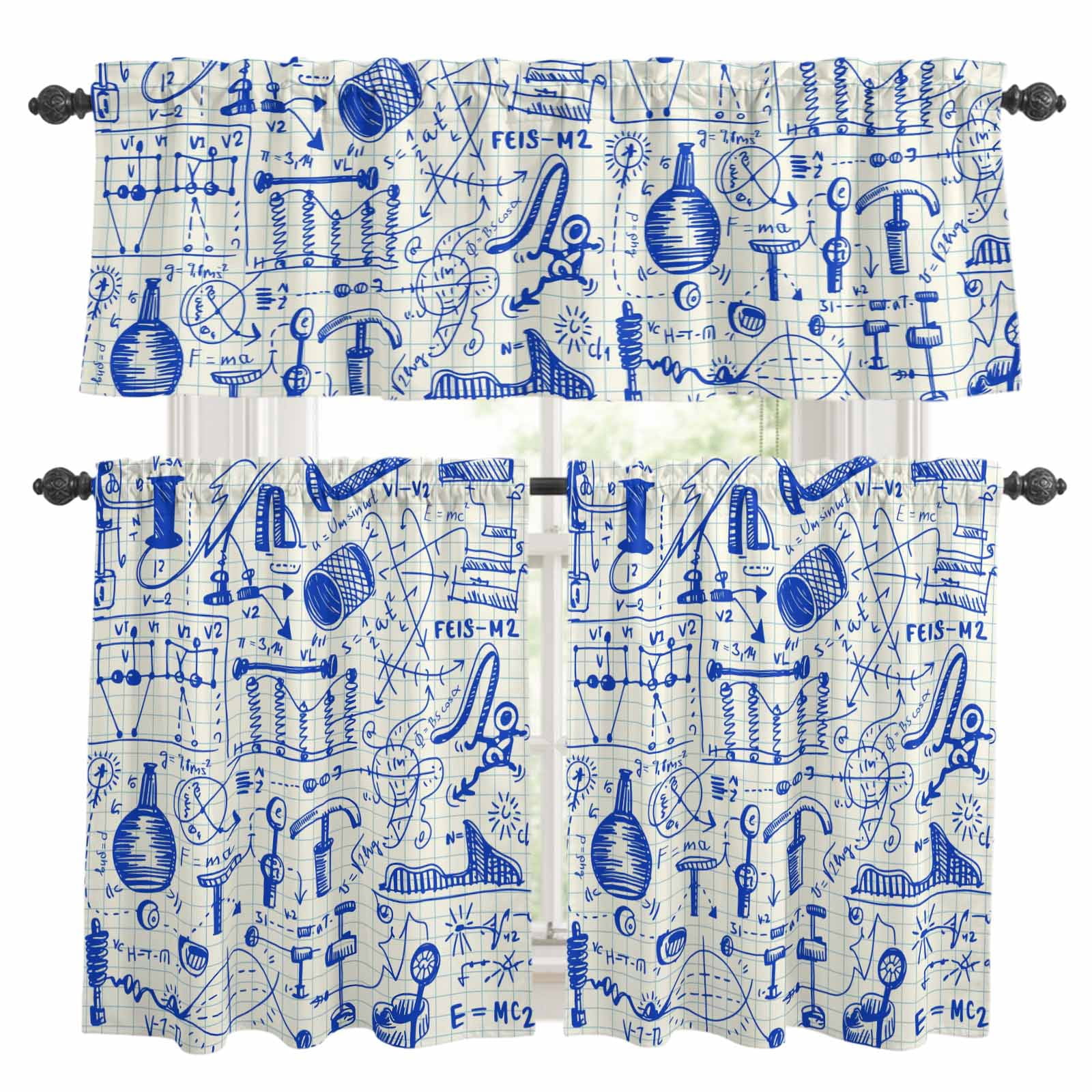 Blue Physics Kitchen Curtains Sets for Windows 24 Inch Length, Model ...