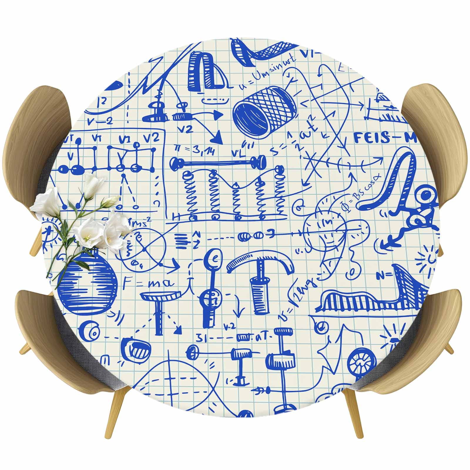 Blue Physics Round Tablecloth, Fitted Table Cover with Elastic for 45 ...