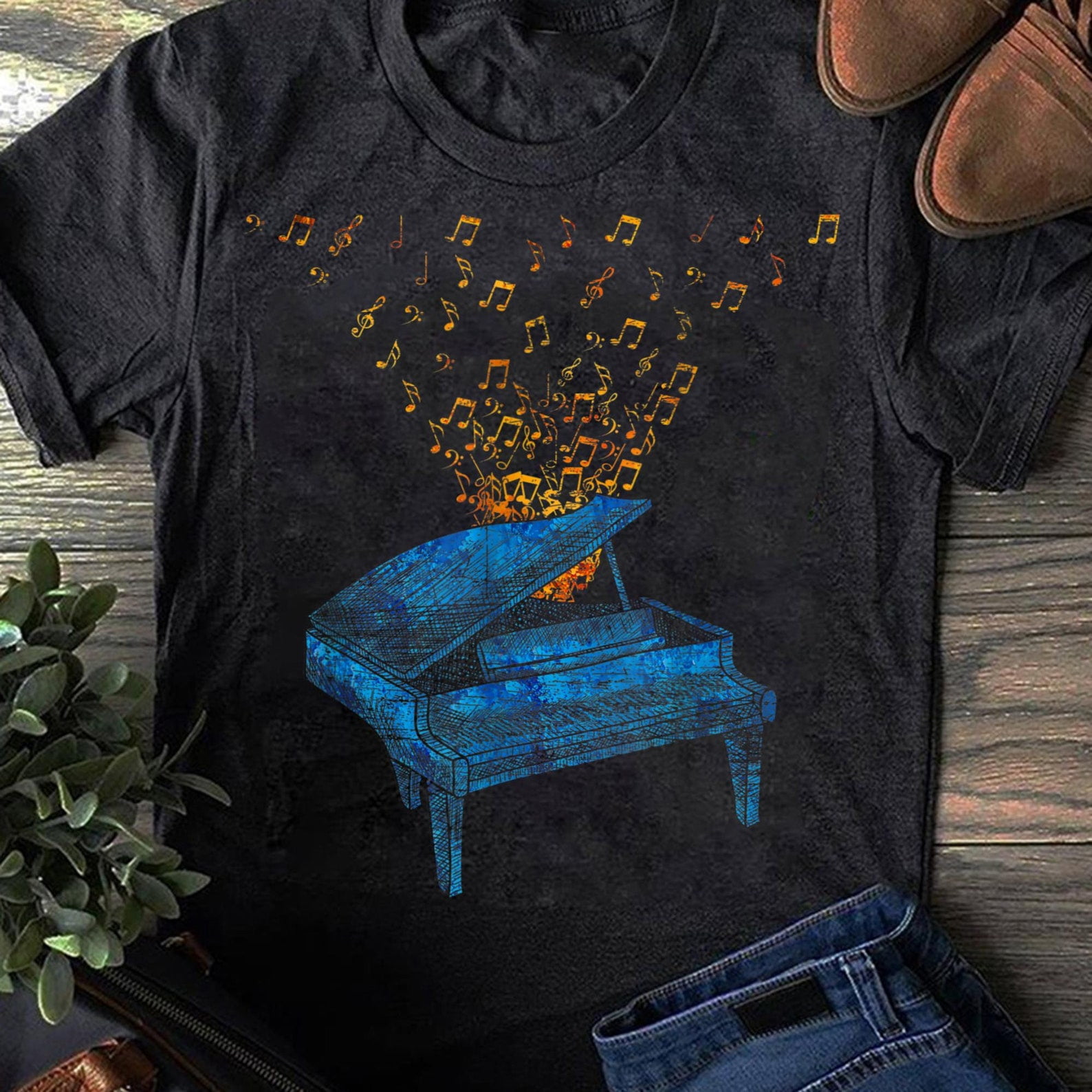 Blue Piano Music Notes Shirt, Colorful Musical Instrument Graphic Tee ...