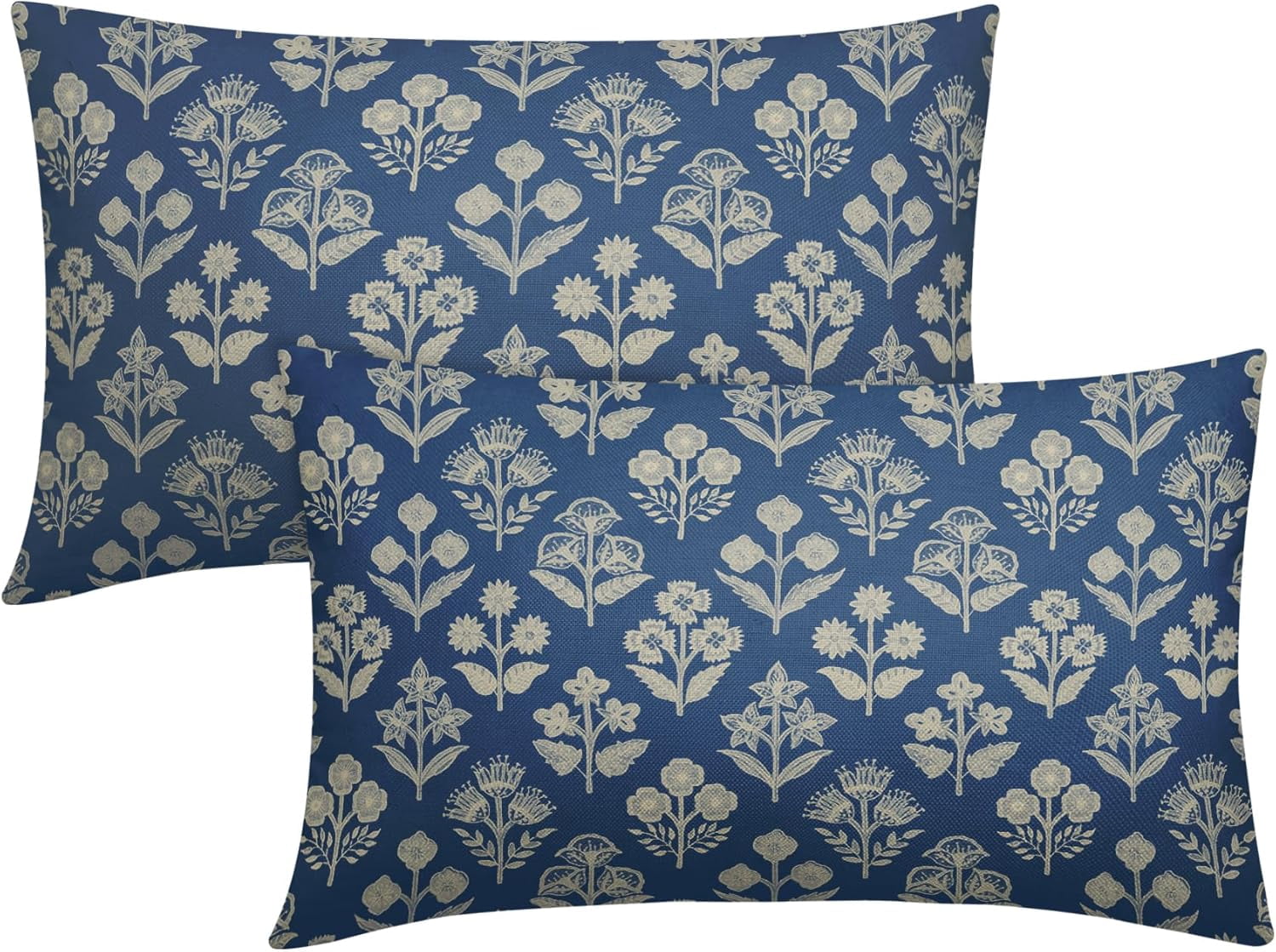 Blue Pillow Covers 12x20 Inch Set of 2, Cream Floral Block Print ...
