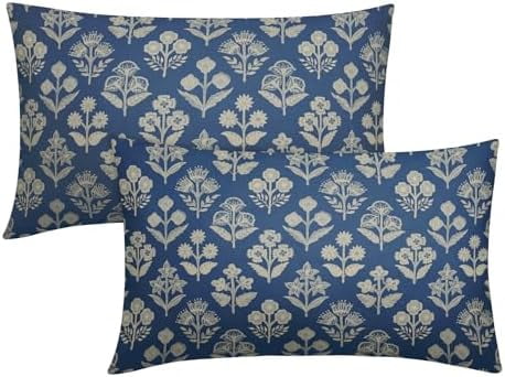Blue Pillow Covers 12x20 Inch Set of 2, Cream Floral Block Print ...