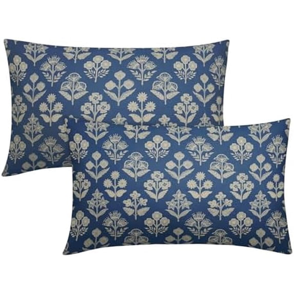 Blue Pillow Covers 12x20 Inch Set of 2, Cream Floral Block Print ...