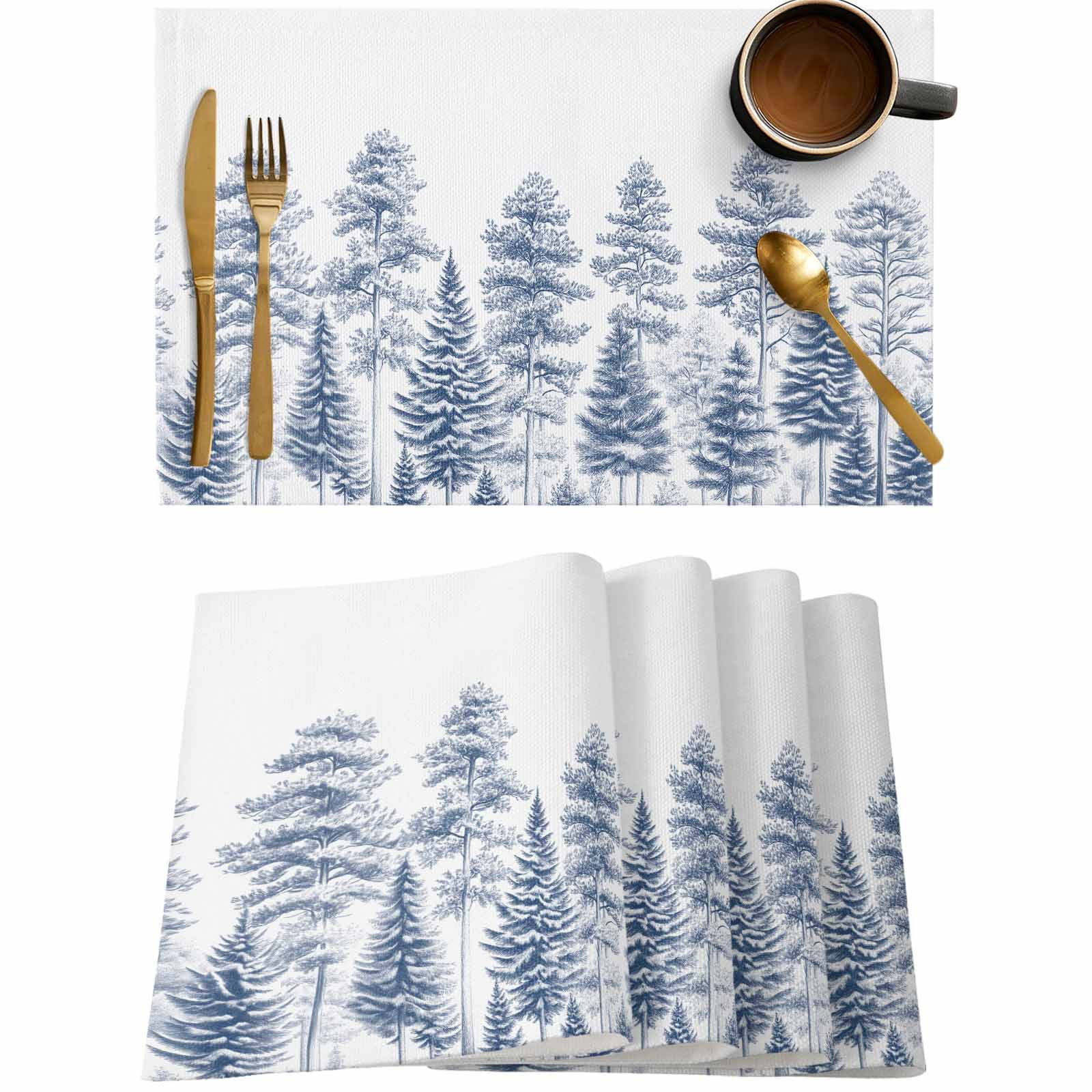 Blue Pine Tree Forest on White Placemats Set of 4,Wipeable Washable ...