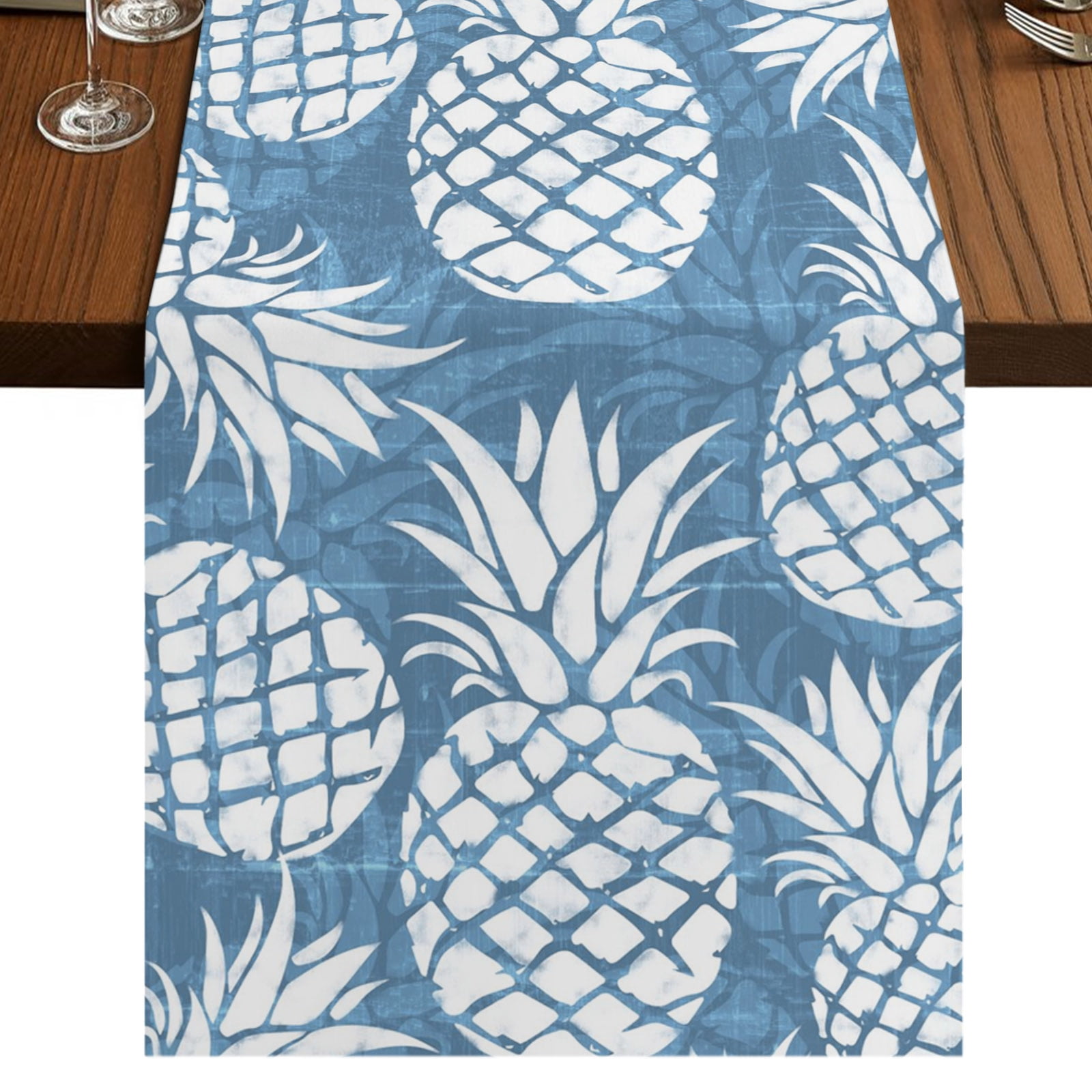 Blue Pineapple Burlap Cotton Table Runner 13x70 Inches Long, Tropical ...