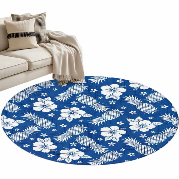 Blue Pineapple Floral Round Rug 4ft Washable Circle Entryway Rugs Non ...